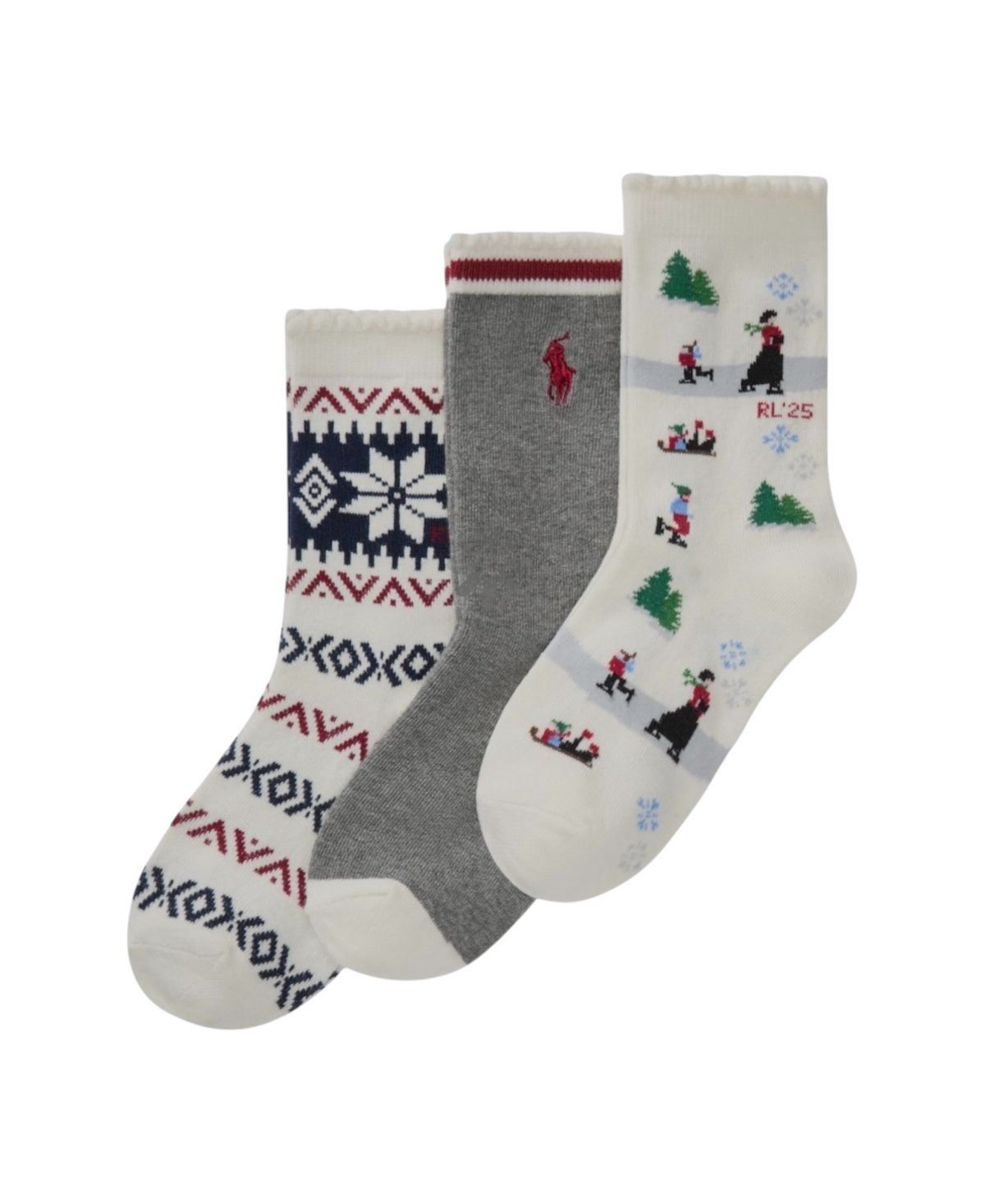 Polo Ralph Lauren Little and Big Girls 3-Pack Holiday Ice Skater Scenic Socks - White