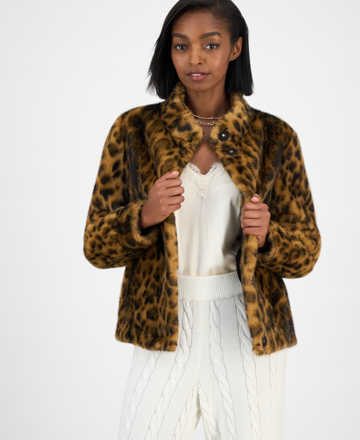 Guess Womens Luna Leopard Faux Fur Jacket - Leopard Print