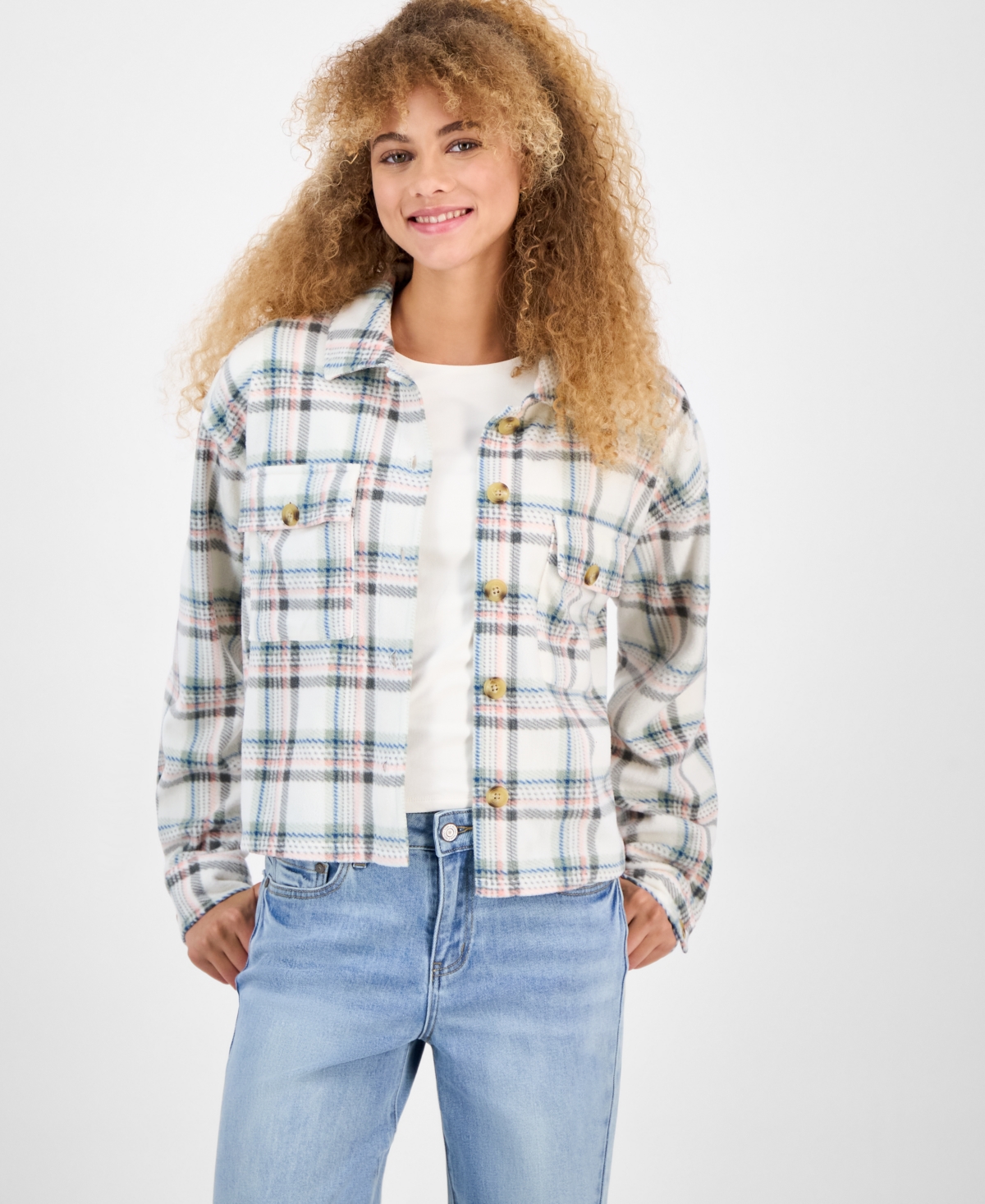 Click here for Just Polly Juniors Plaid Chest-Pocket Shacket - Eg... prices