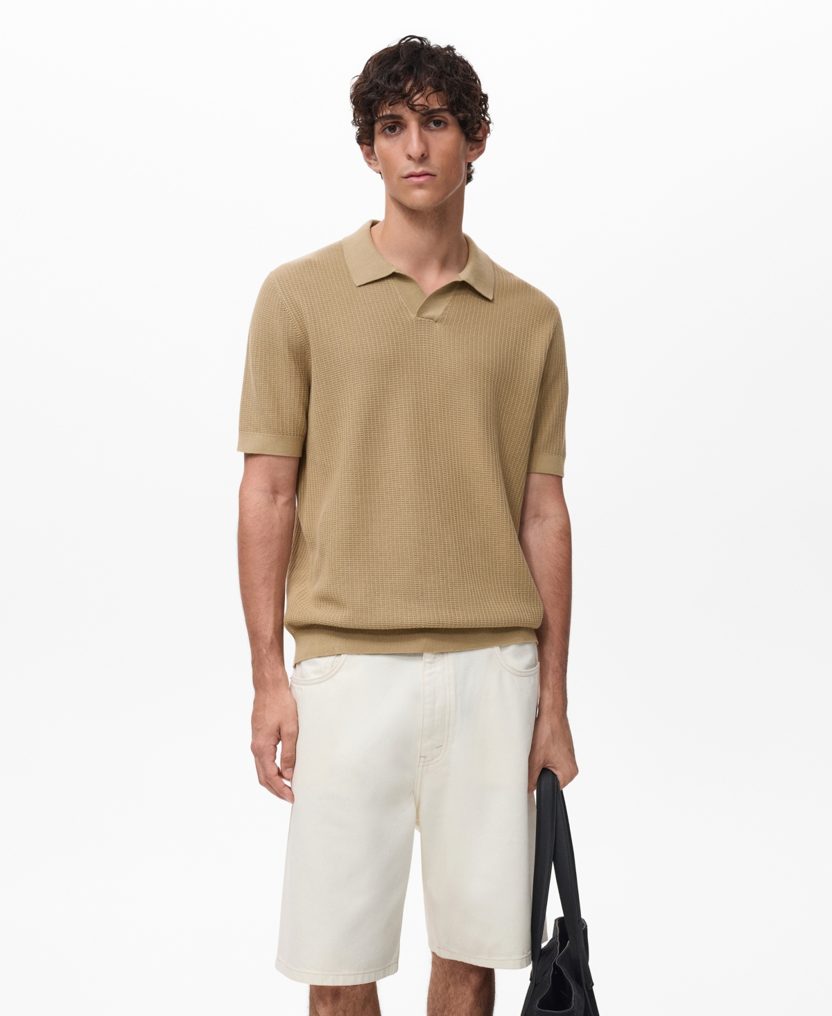 Click here for Mango Mens Ribbed Cotton Knitted Polo Shirt - Beig... prices