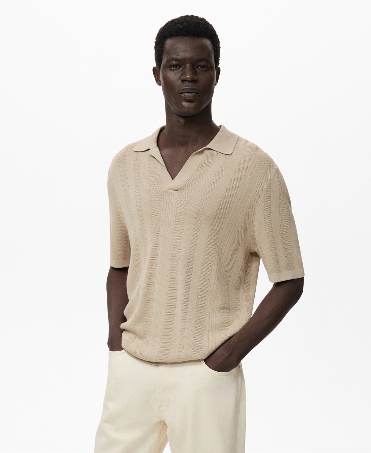 Click here for Mango Mens Ribbed Knit Polo Shirt - Light  Pastel... prices