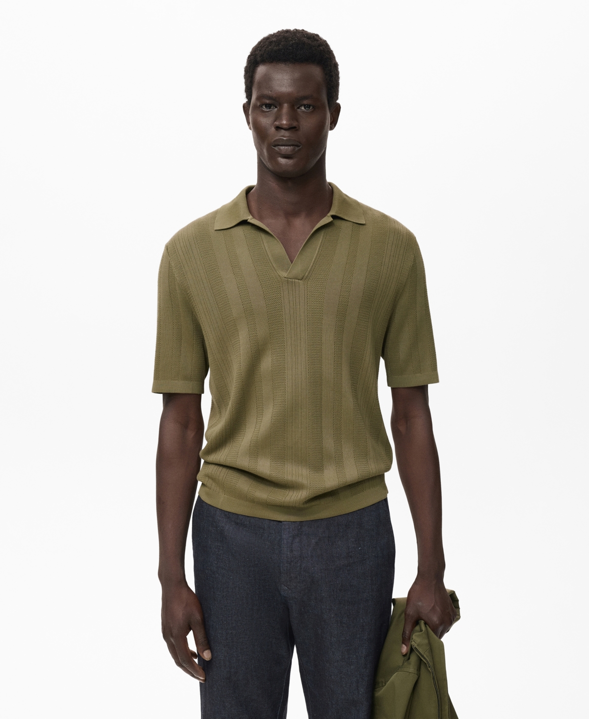 Click here for Mango Mens Ribbed Knit Polo Shirt - Khaki prices