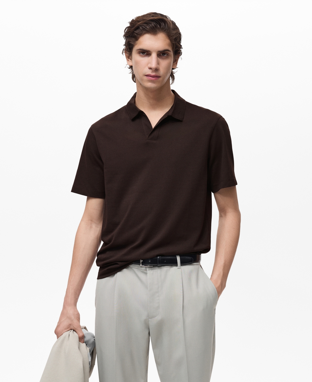 Click here for Mango Mens Slim-Fit Cotton-Pique Polo Shirt - Choc... prices