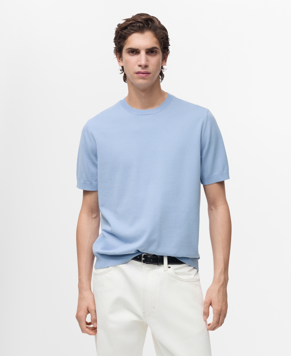 Click here for Mango Mens Cotton Fine-Knit T-Shirt - Sky Blue prices