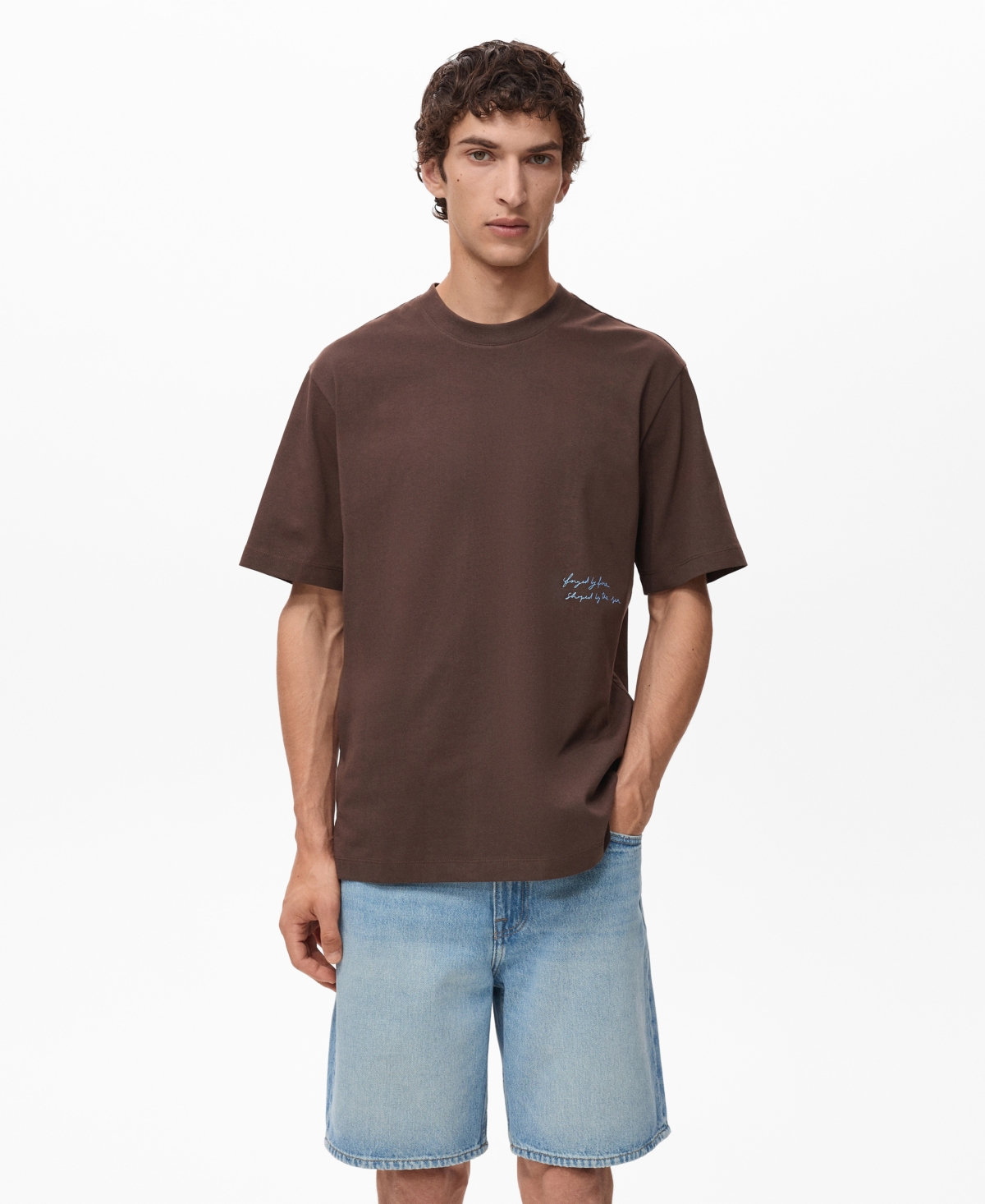 Click here for Mango Mens Printed Patch T-Shirt - Brown prices