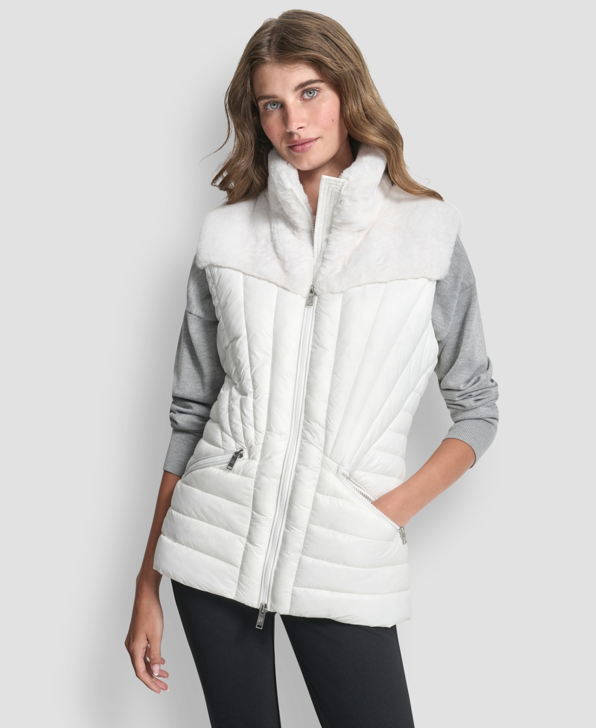 Dkny Womens Sleeveless Puffer Vest Jacket - Ivory