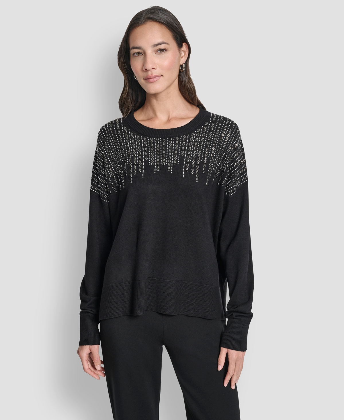 Dkny Womens Hotfix Fringe Long Sleeve Sweater - Black