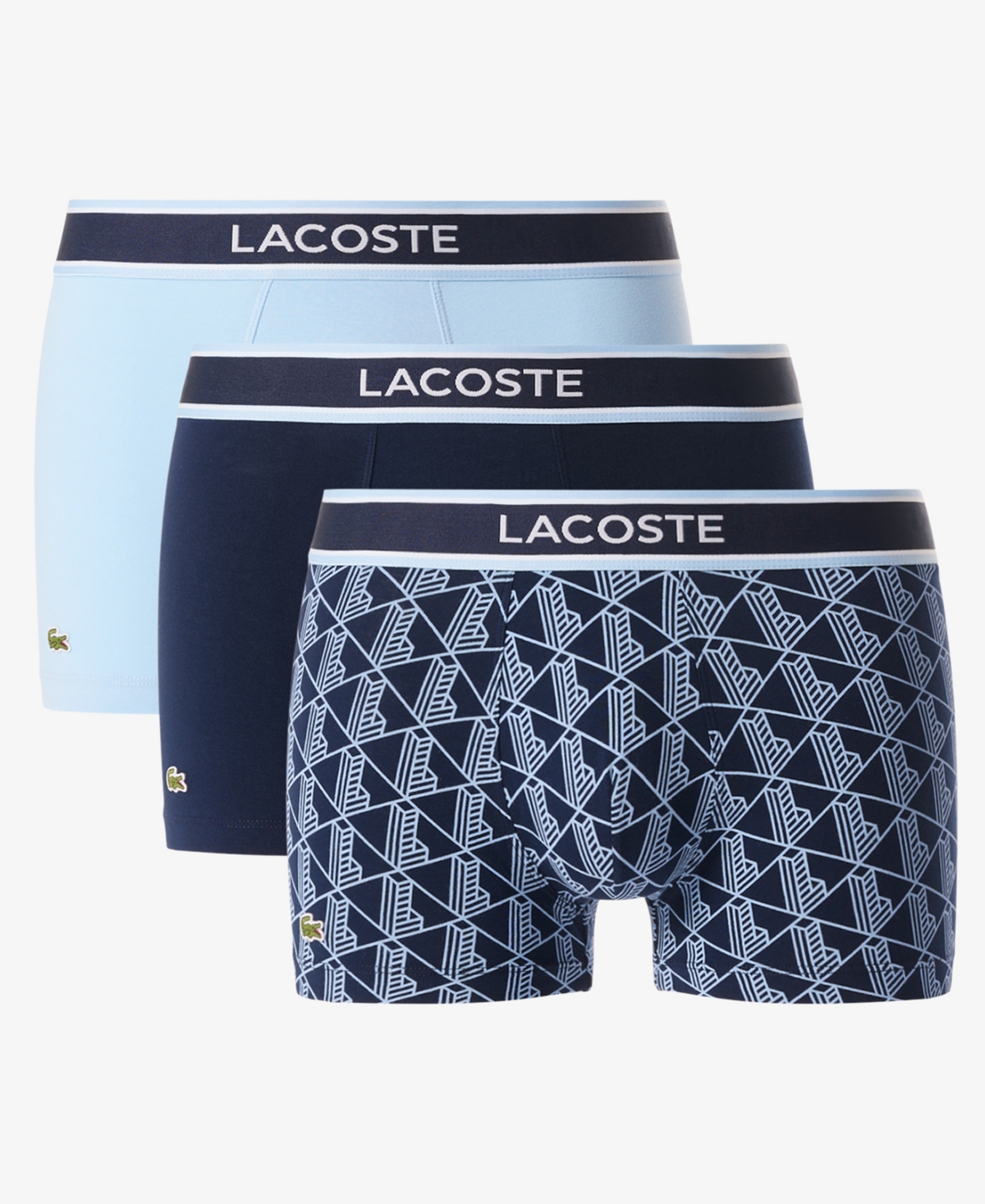 Click here for Lacoste Mens 3-Pack Monogram Trunks - Black/Navy/L... prices