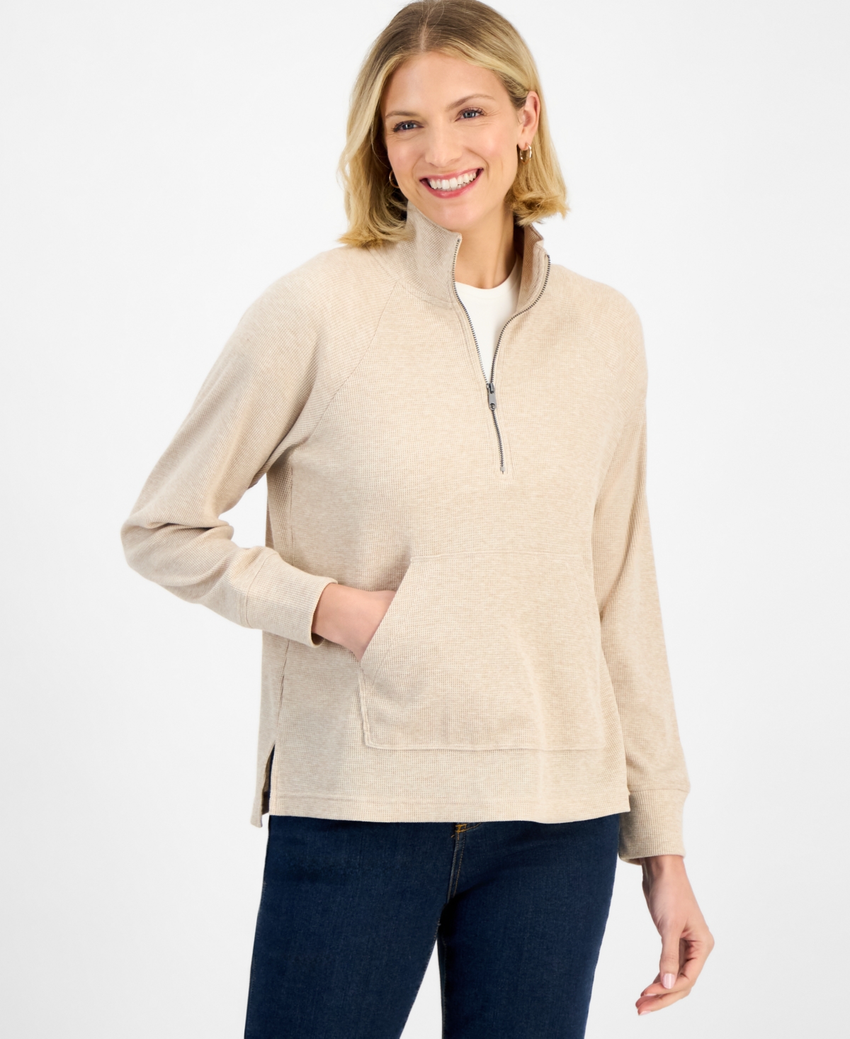 Click here for Style & Co Womens Waffle-Knit Quarter Zip Top  Mac... prices