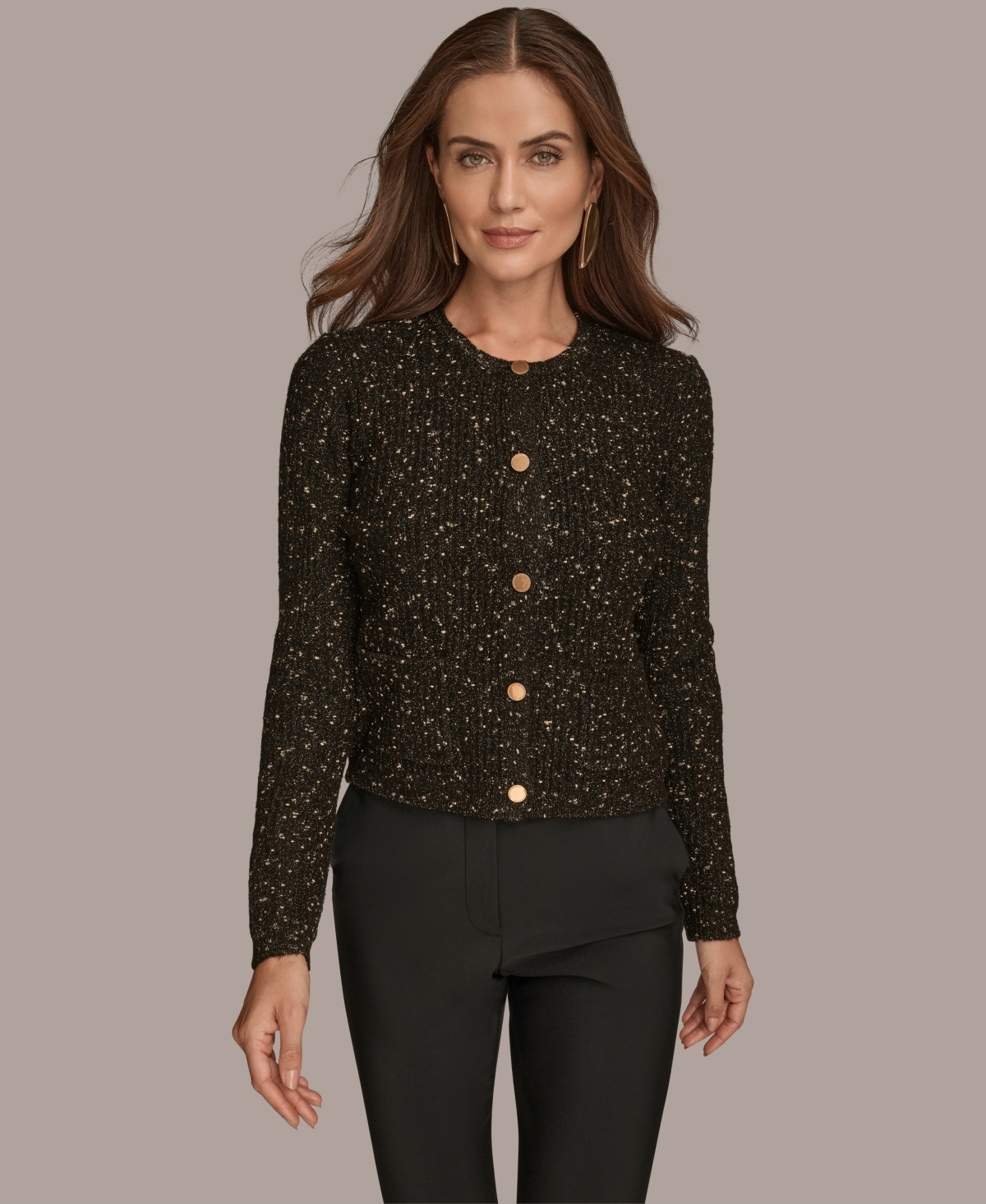Donna Karan New York Womens Metallic Cardigan Sweater - Black/gold