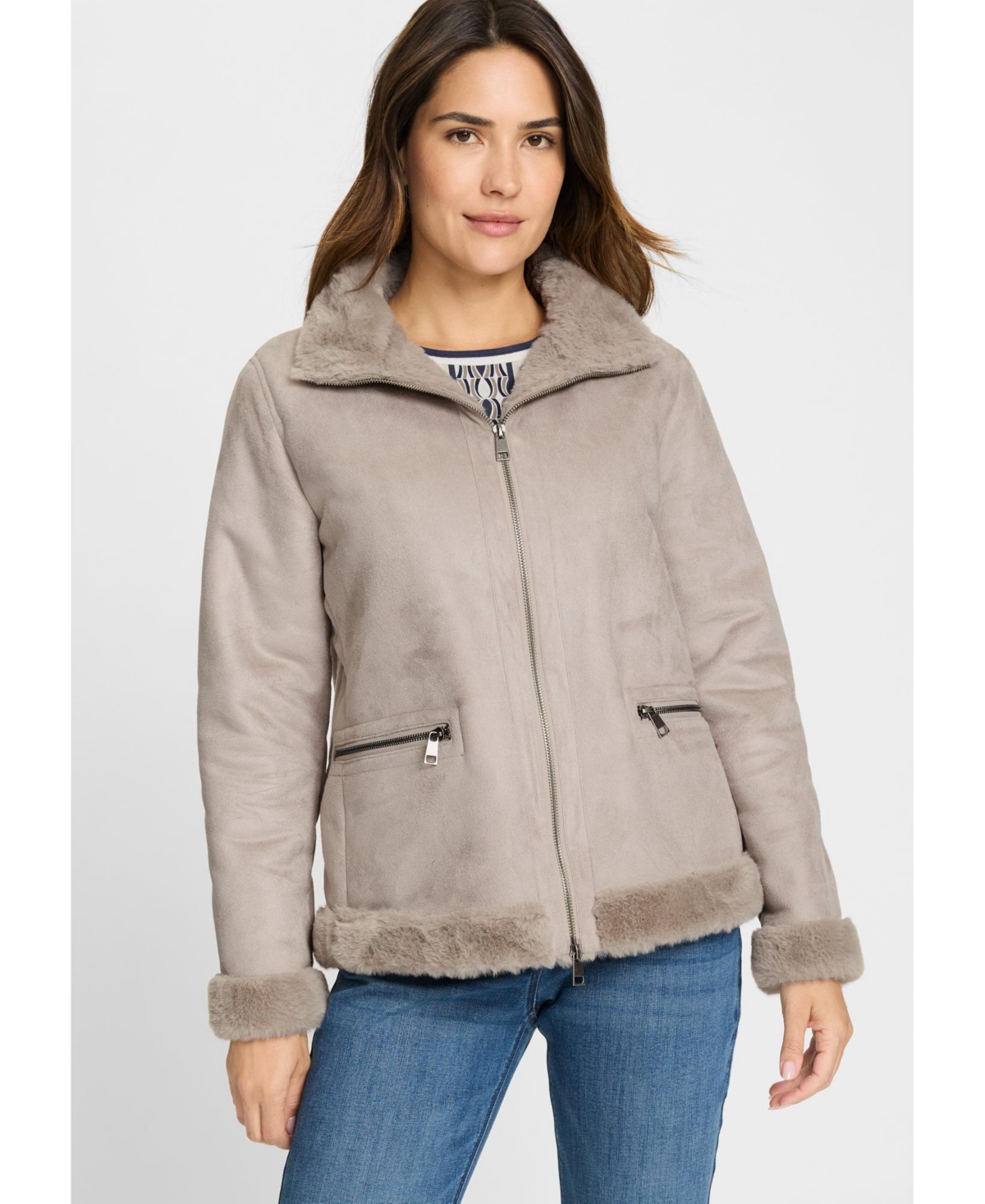 Click here for Olsen Womens Faux Shearling Jacket - Dark taupe prices