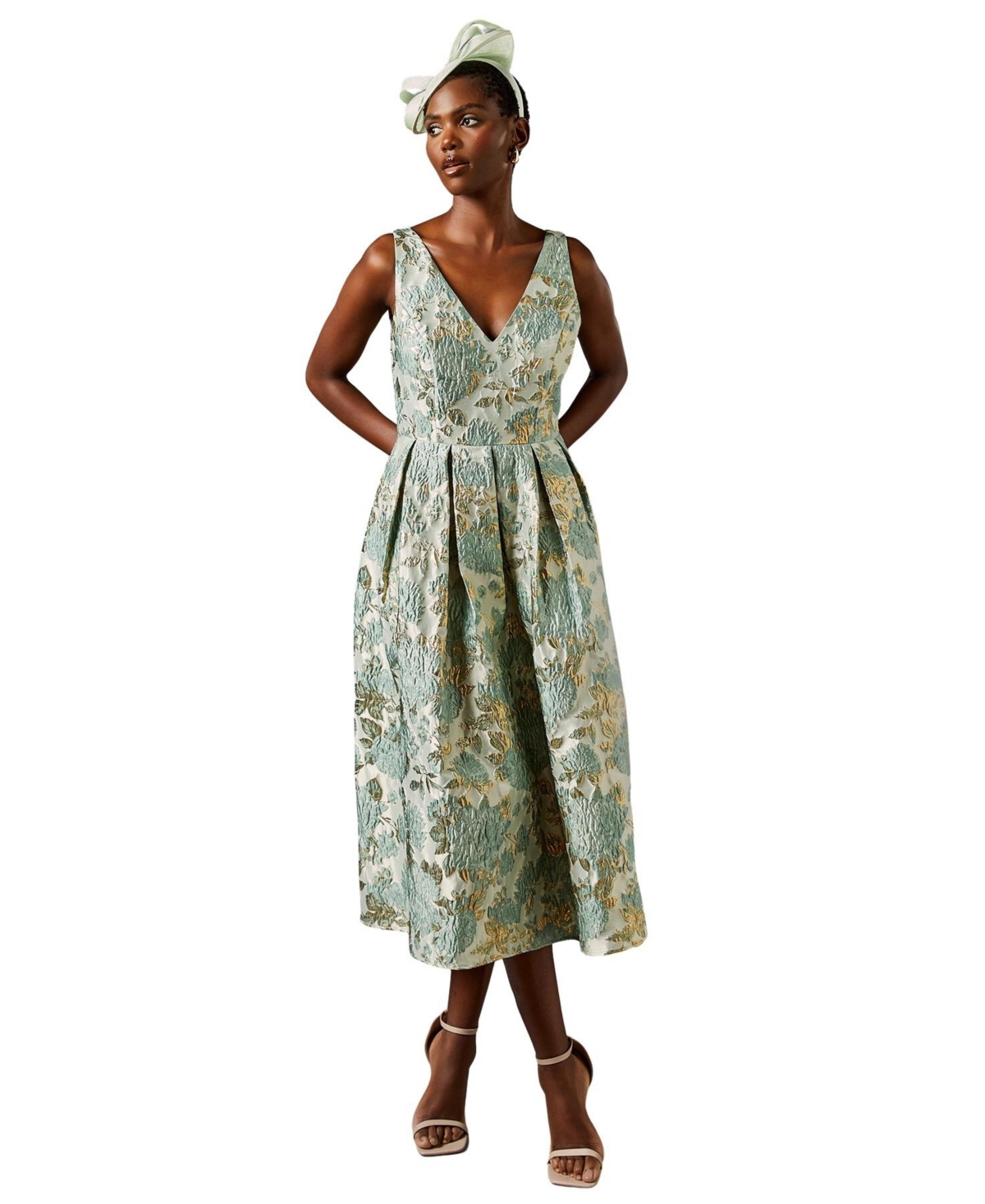 Click here for Coast Womens V-Neck Jacquard Midi Dress - Sage prices