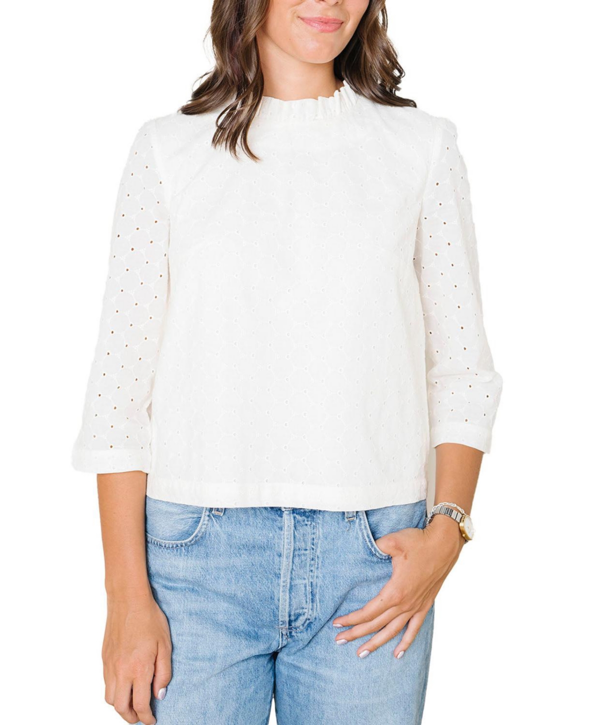 Click here for Hope & Henry Womens Organic Ruffle Neck Eyelet Top... prices