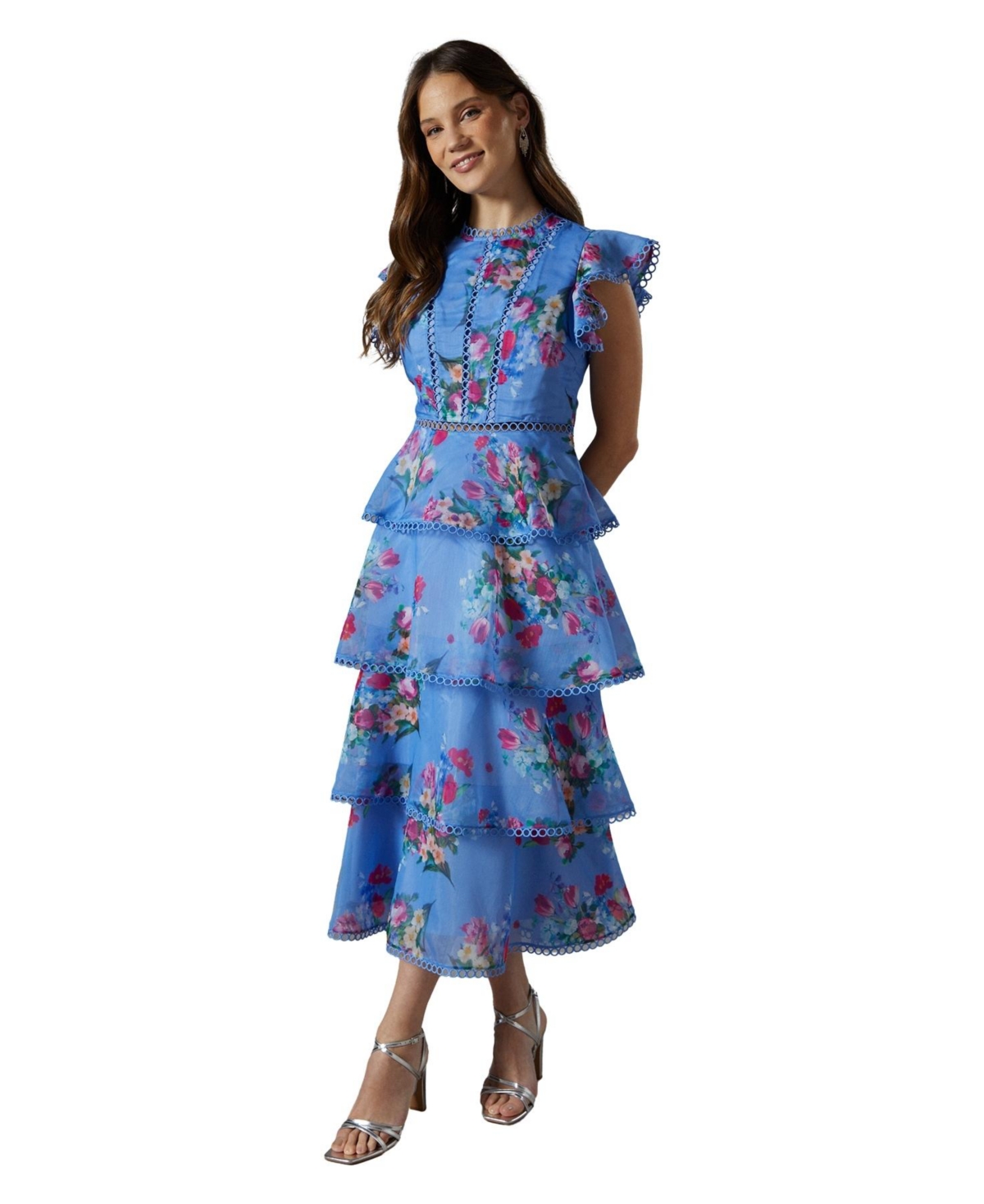 Click here for Coast Lace Trim Tiered Organza Midi Dress - Blue prices