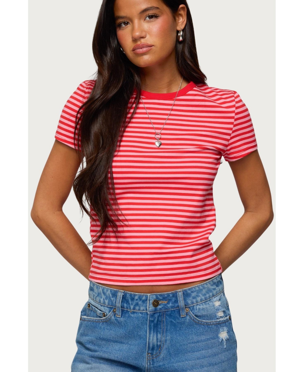 Click here for Edikted Womens Nessie Striped T Shirt - Red-and-pi... prices