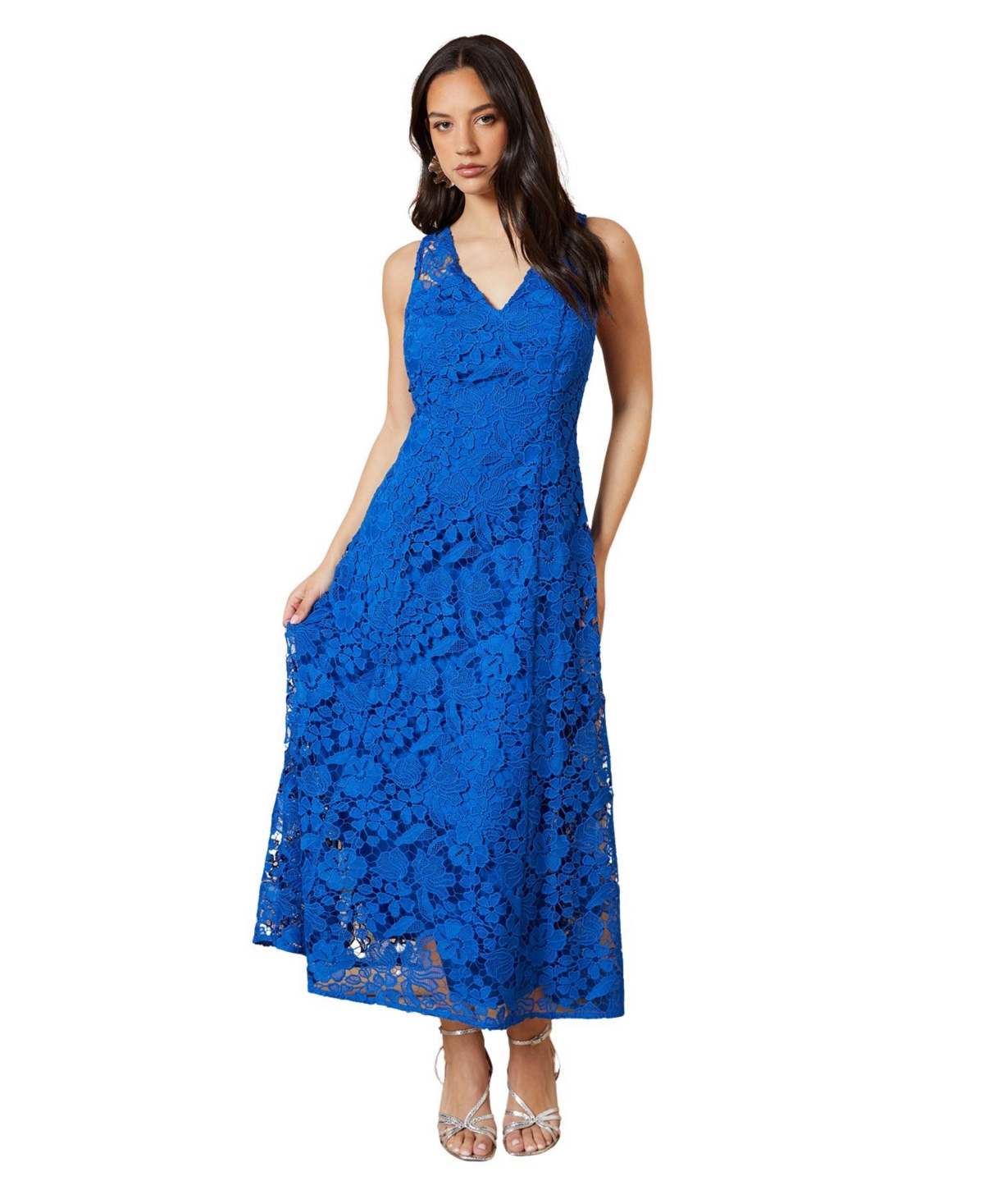 Click here for Oasis Womens Floral Lace V-Neck Midi Dress - Cobal... prices
