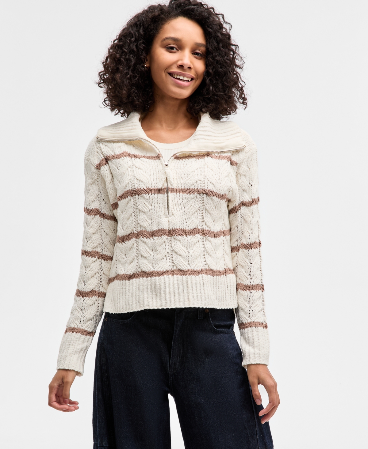 Click here for Hippie Rose Juniors Chenille Cable-Knit Half-Zip S... prices