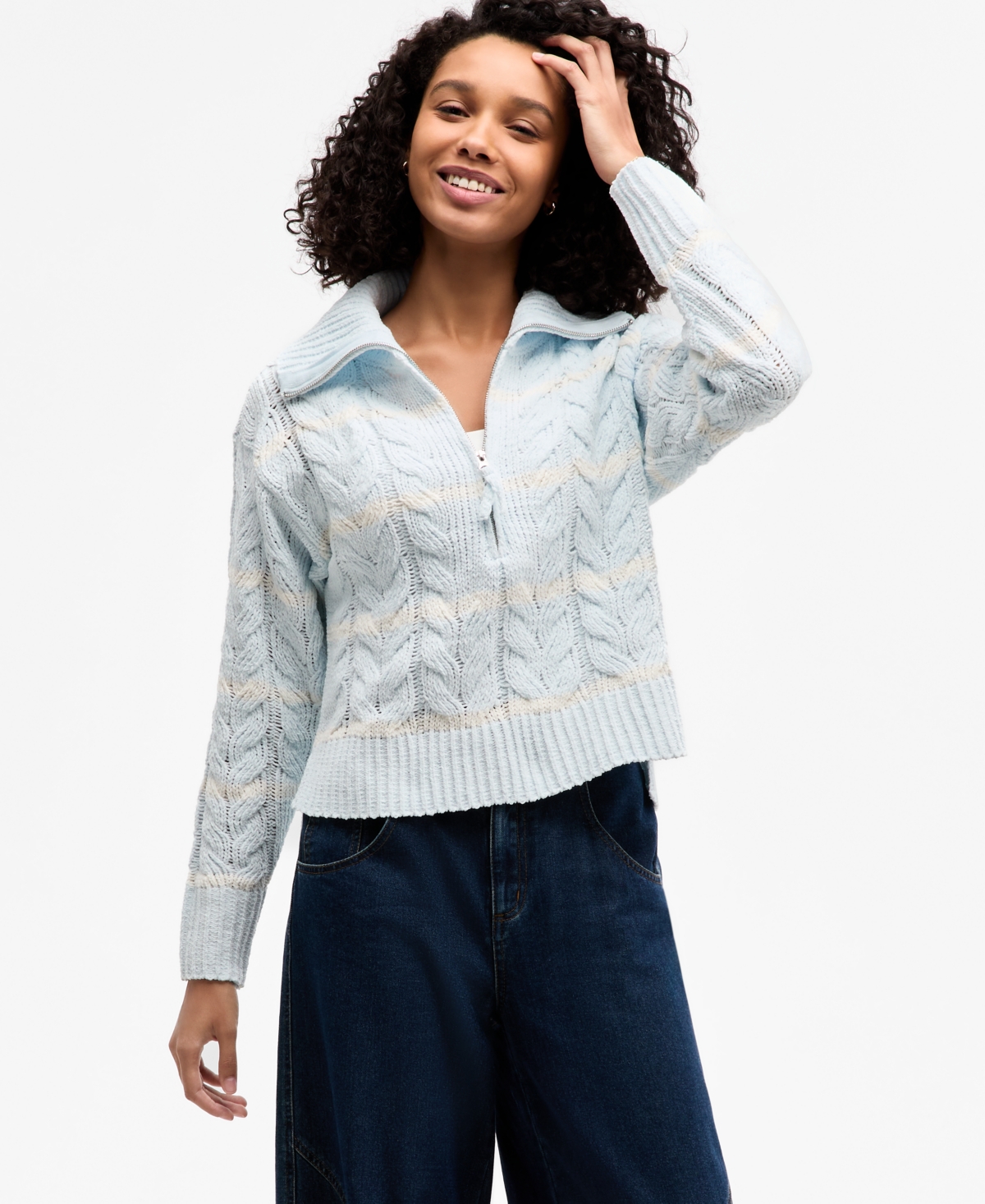 Click here for Hippie Rose Juniors Chenille Cable-Knit Half-Zip S... prices