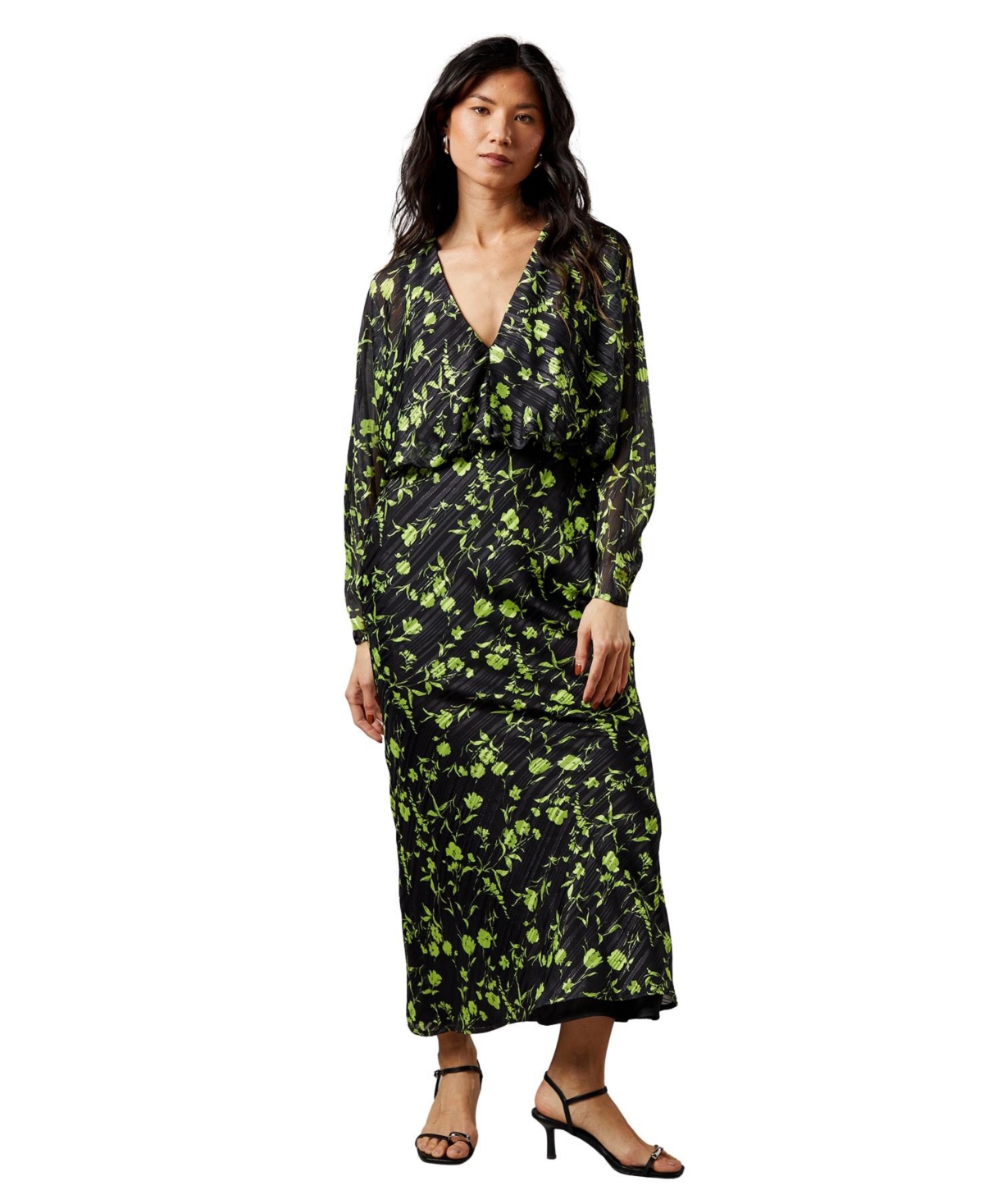 Click here for Warehouse Womens Shadow Stripe Floral Batwing Midi... prices