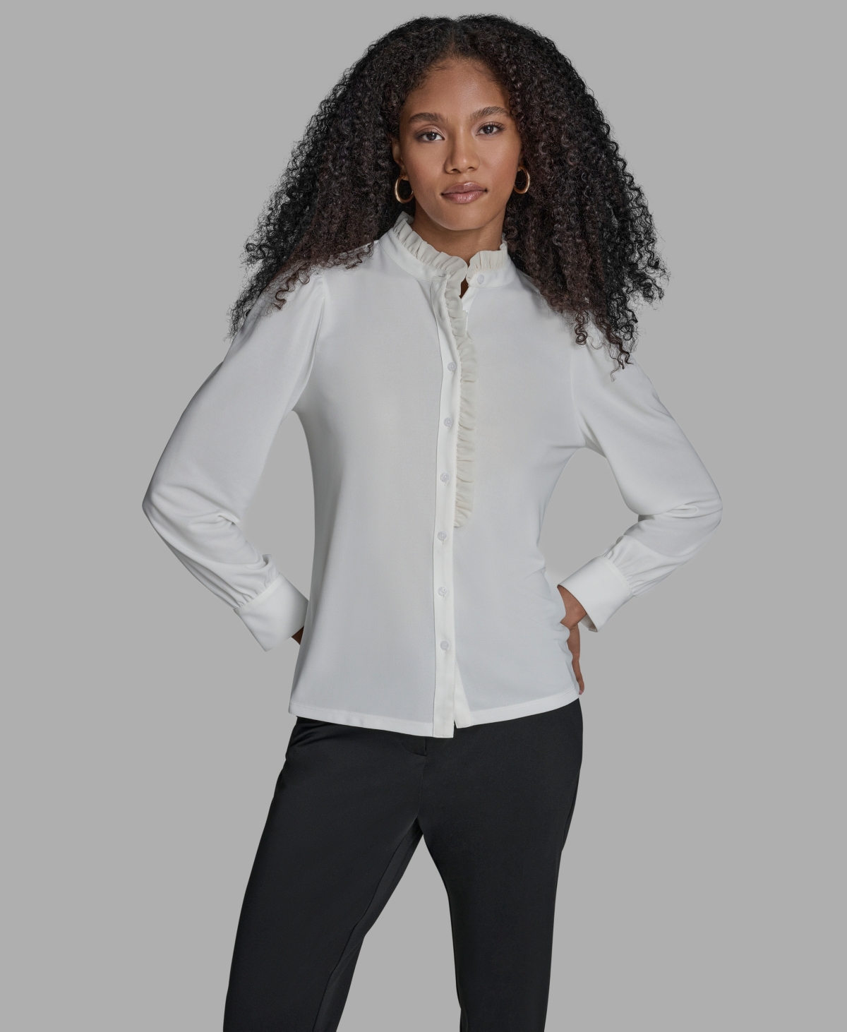Click here for Bcbg Long Sleeve Ruffle Blouse - Whisper White prices