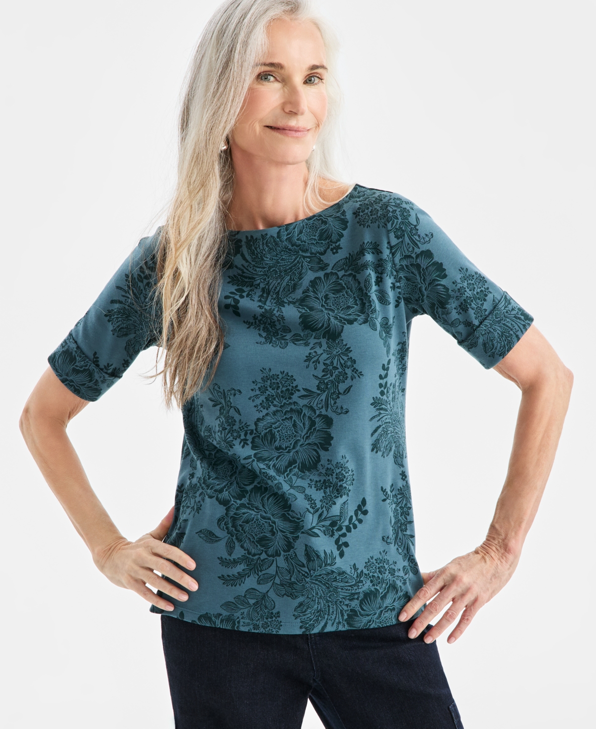 Click here for Style & Co Womens Printed Boat-Neck Elbow-Sleeve T... prices