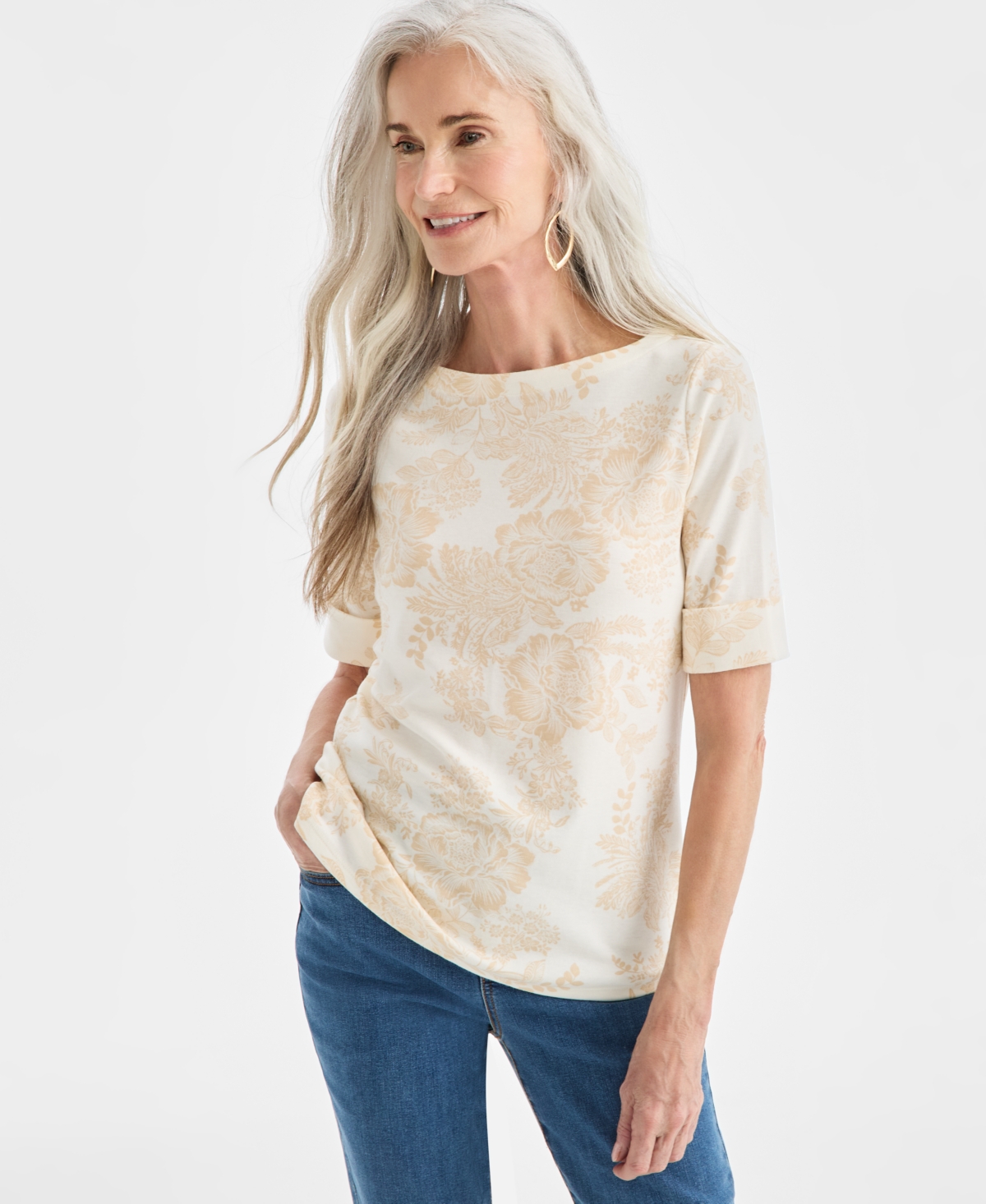 Click here for Style & Co Womens Printed Boat-Neck Elbow-Sleeve T... prices