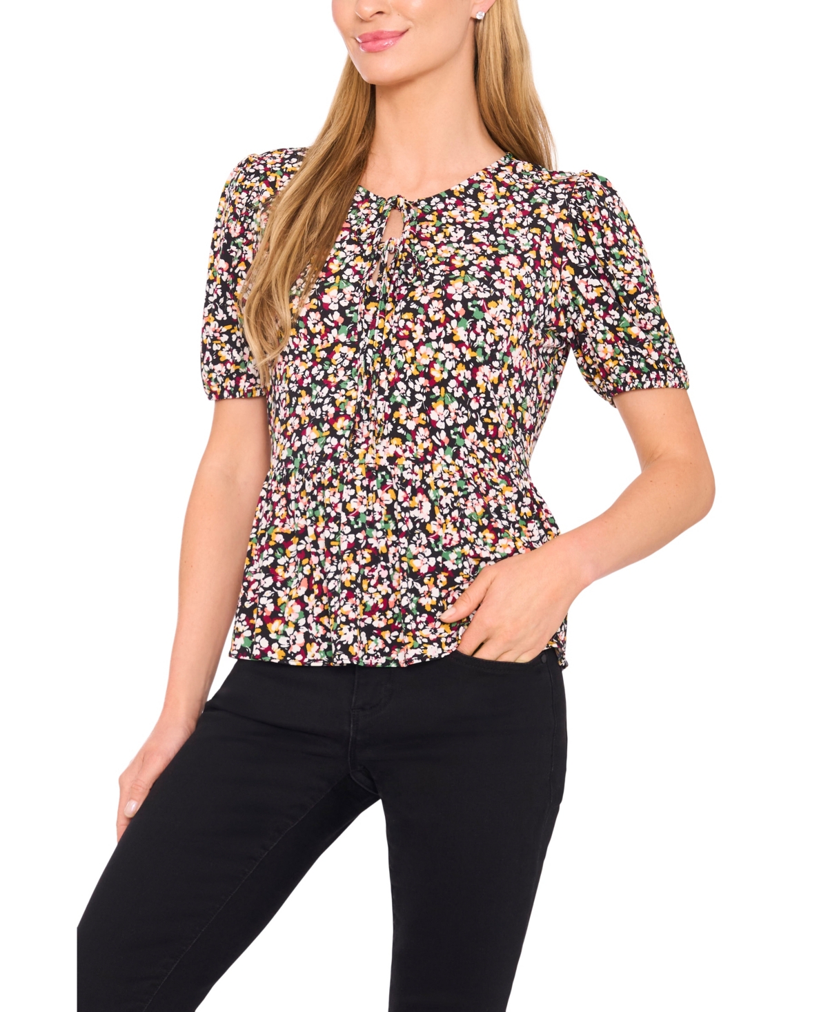 CeCe Womens Short Sleeve Tie Front Top - Rich Black