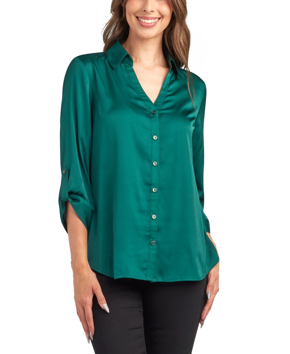 Click here for Bcx Womens Stretch Satin Button-Up 3/4-Sleeve Top... prices