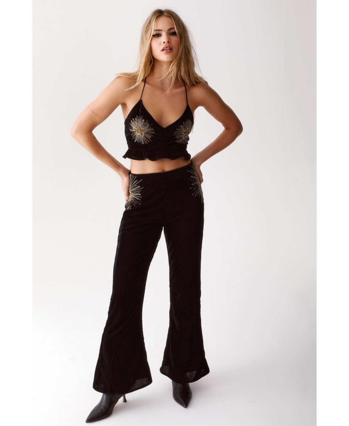 Click here for Star Embellished Velvet Flared Pants - Black prices