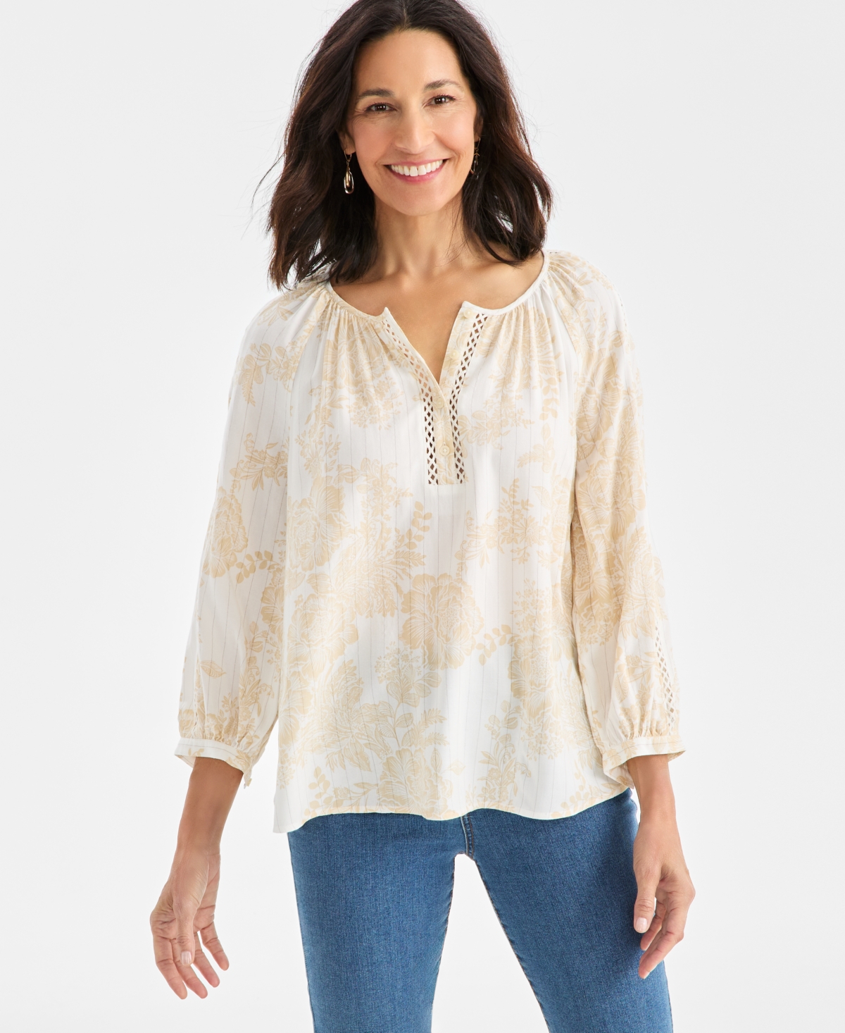 Click here for Style & Co Womens Printed Split Neck Peasant Top... prices