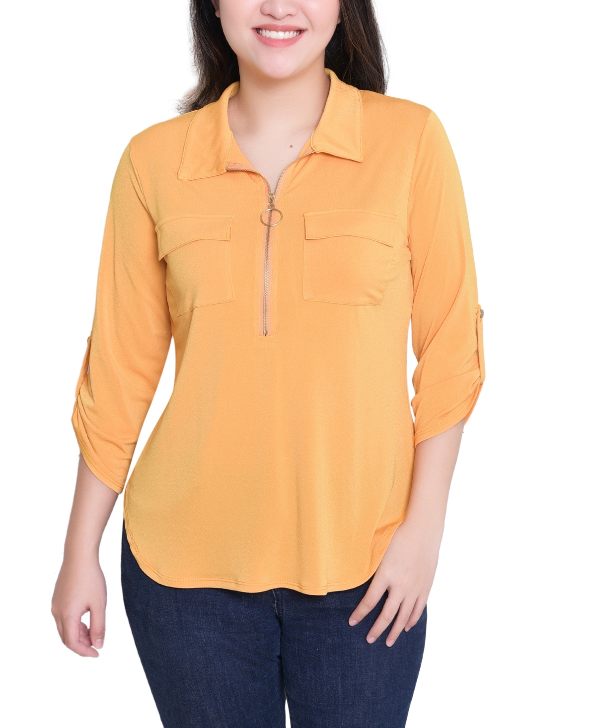 Click here for Ny Collection Womens 3/4 Roll Tab Zip Front Top -... prices