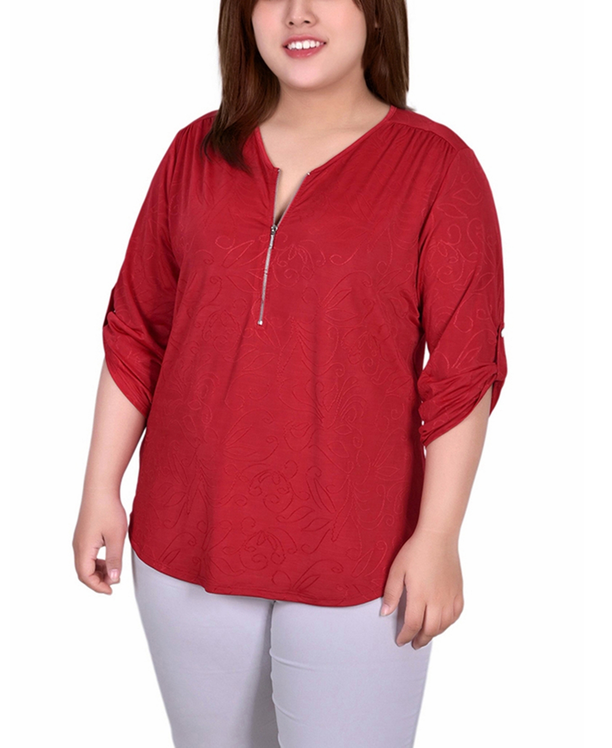 Click here for Plus Size 3/4 Roll Tab Zip Front Jacquard Knit Top... prices
