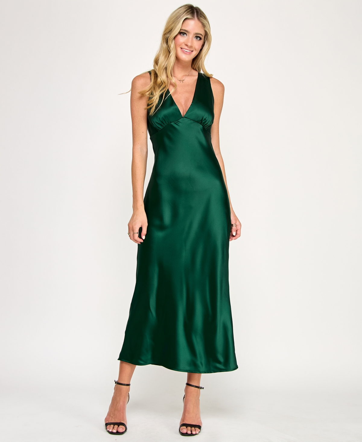 Click here for Emerald Sundae Juniors V-Neck A-Line Satin Midi Dr... prices