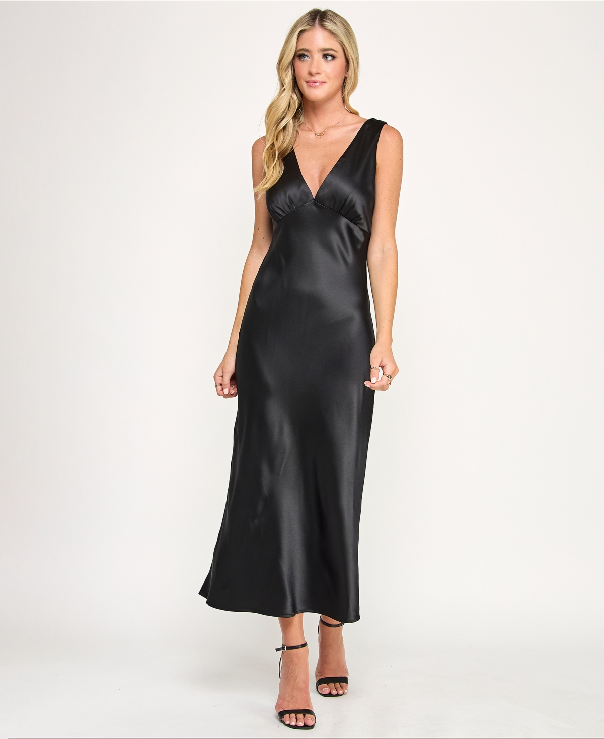 Click here for Emerald Sundae Juniors V-Neck A-Line Satin Midi Dr... prices