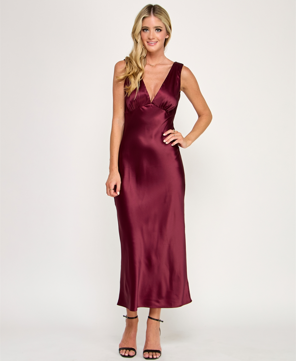 Click here for Emerald Sundae Juniors V-Neck A-Line Satin Midi Dr... prices