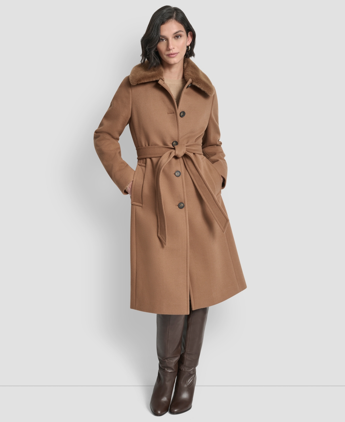 Dkny Womens Single-Breasted Pillow Collar Coat - Dark Camel