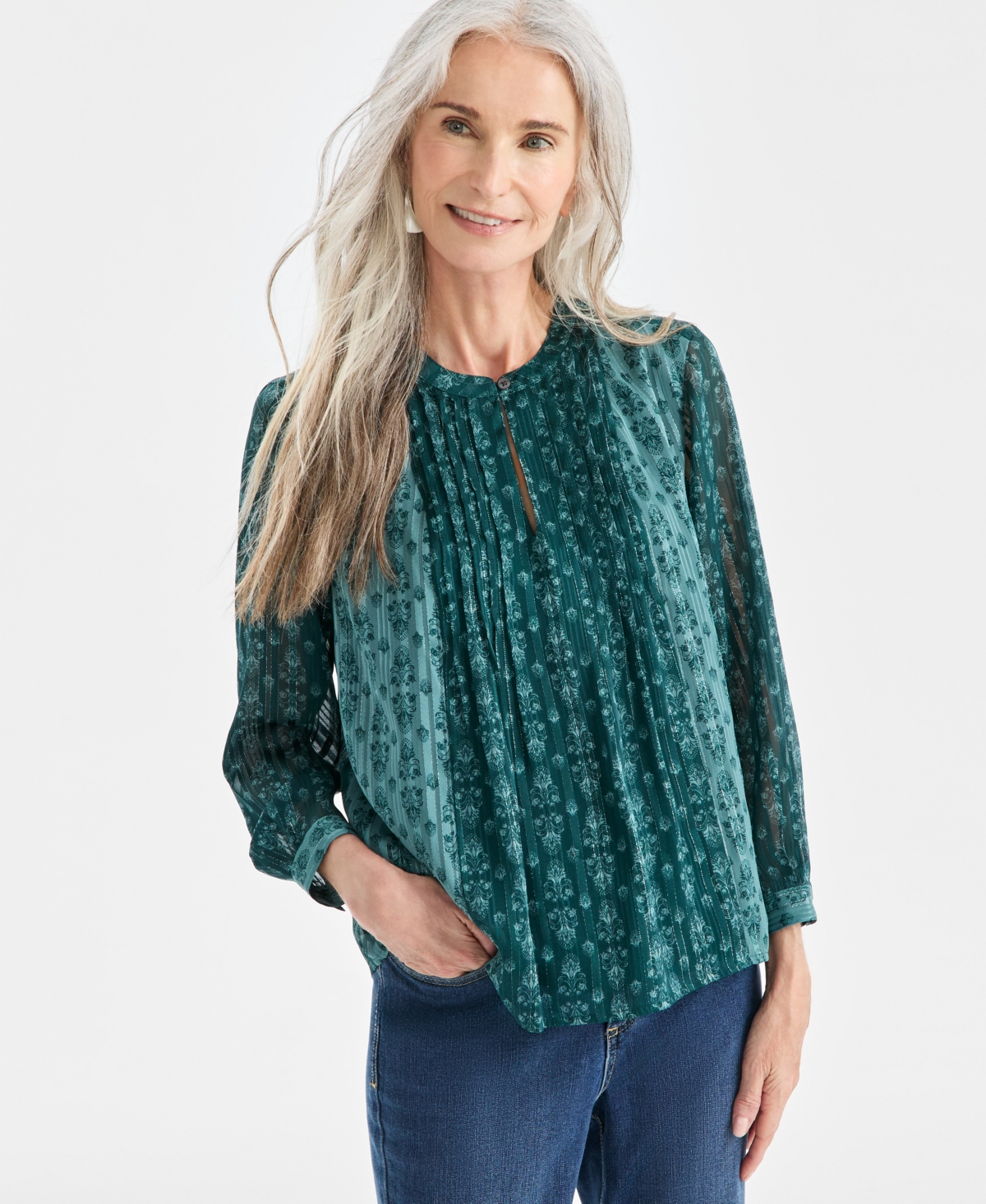 Click here for Style & Co Womens Printed Pintuck Shine Blouse  Ma... prices