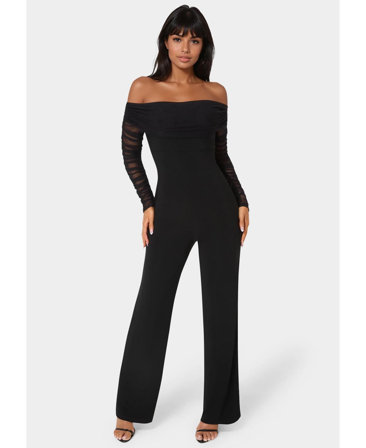 Click here for Bebe Womens Off Shoulder Ruched Jumpsuit - Black prices