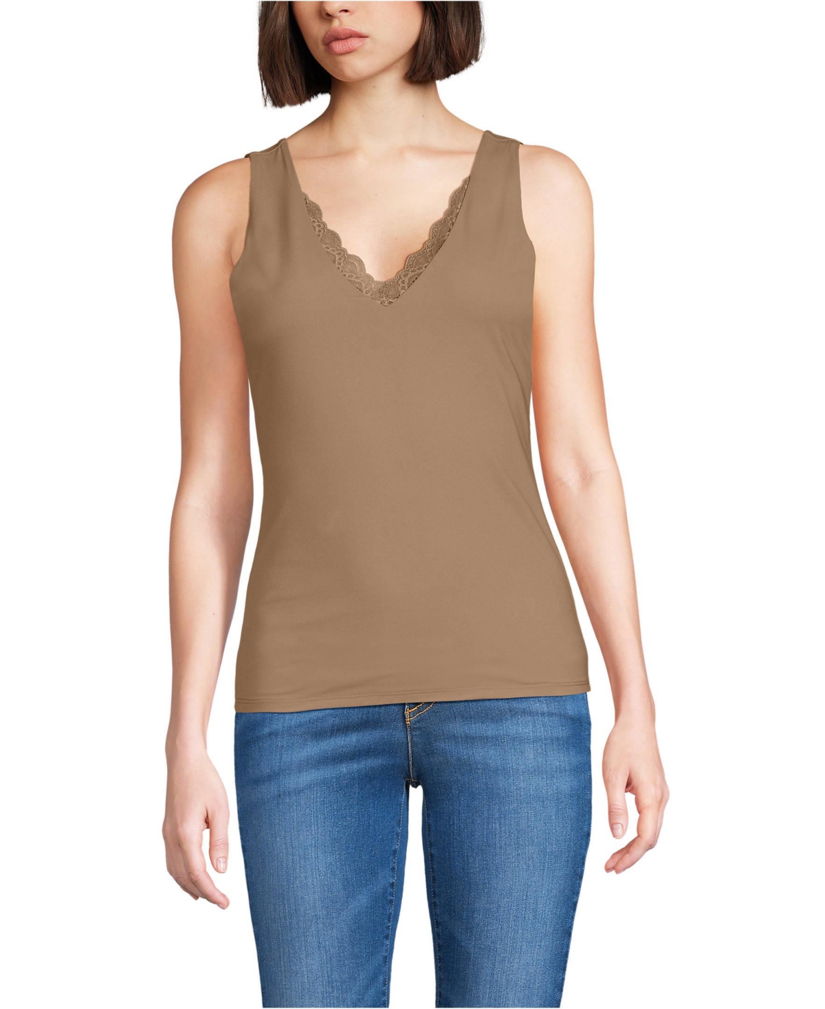 Click here for Lands End Womens Tugless Double Layer Lace V-Neck... prices