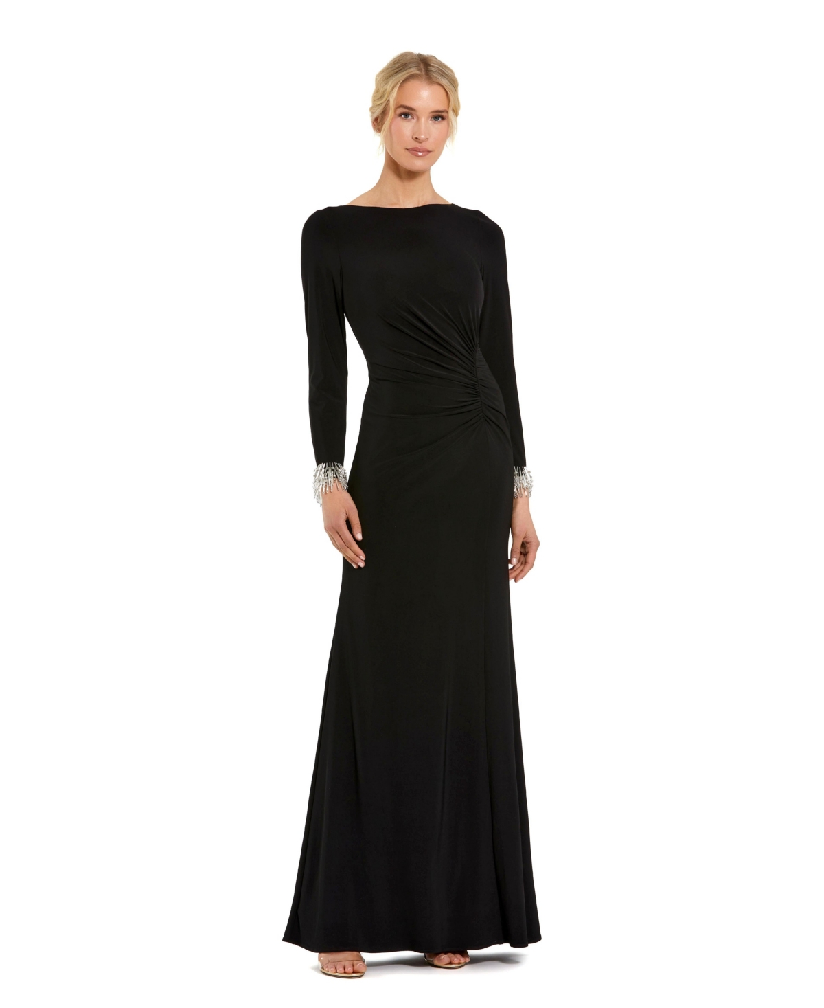 Mac Duggal WomensLong Sleeve Jersey Gown With Beaded Cuff Sleeves - Black