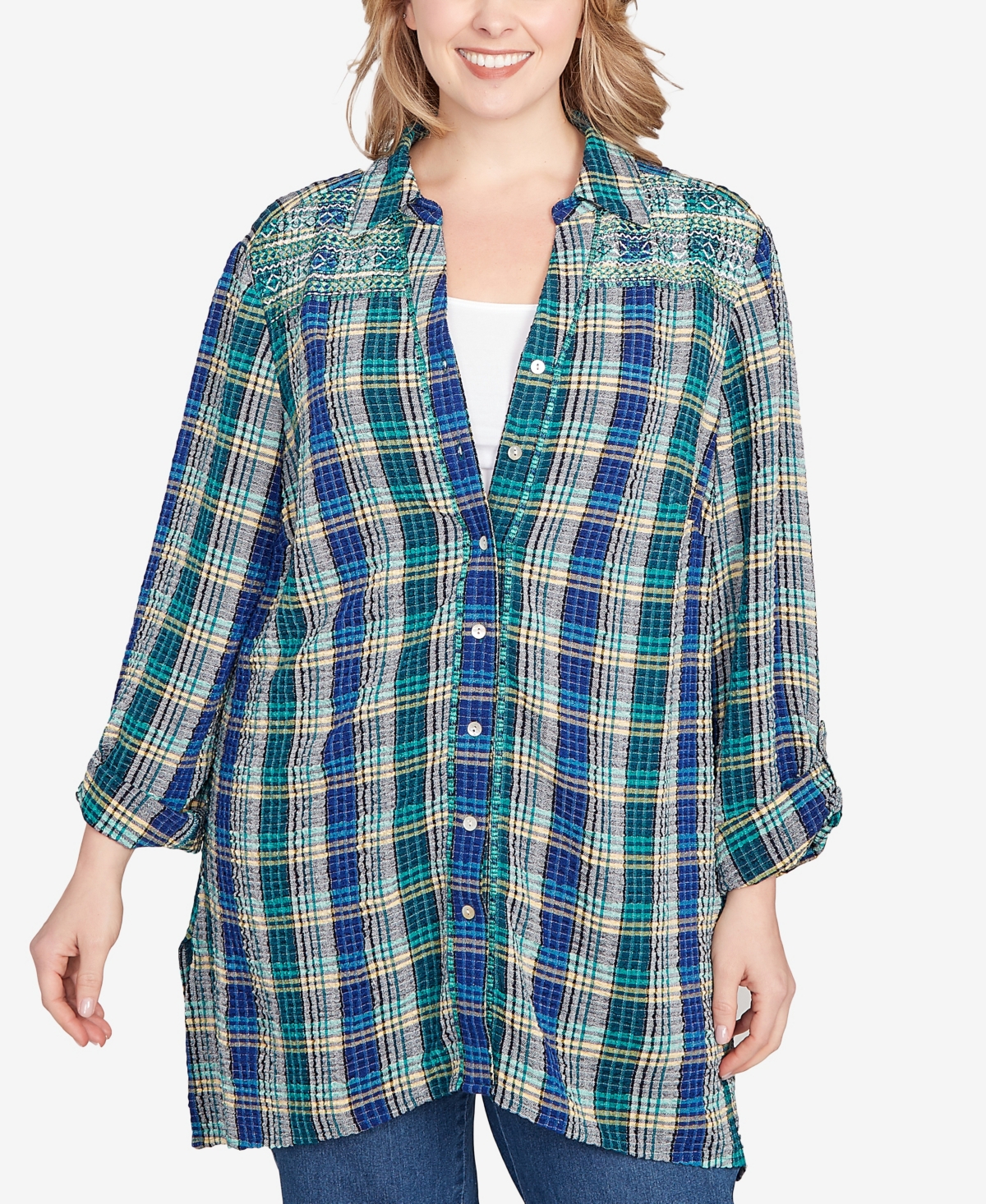 Click here for Ruby Rd. Plus Size Embroidered Plaid Button Down T... prices