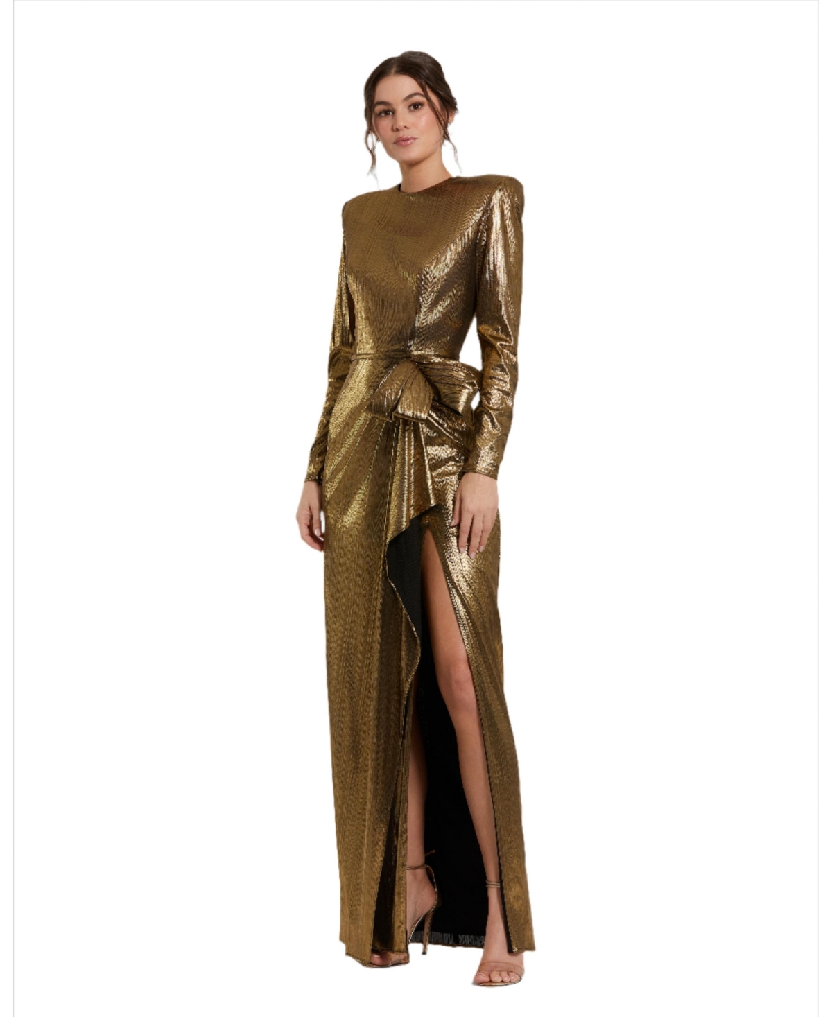 Mac Duggal Womens Metallic Jersey Long Sleeve Gown With Bow - Antique gold