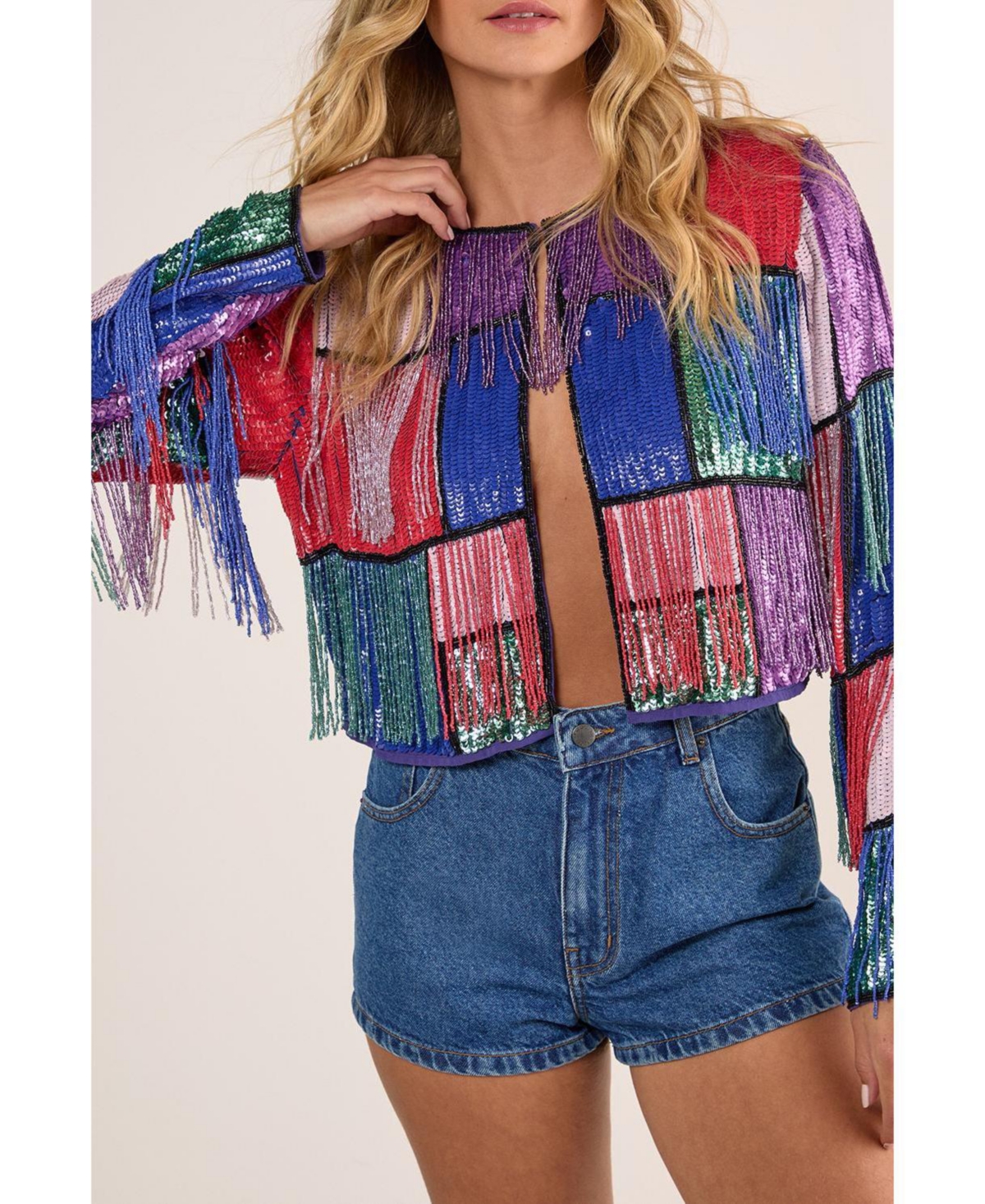Nasty Gal Colour Block Check Tassel Sequin Jacket