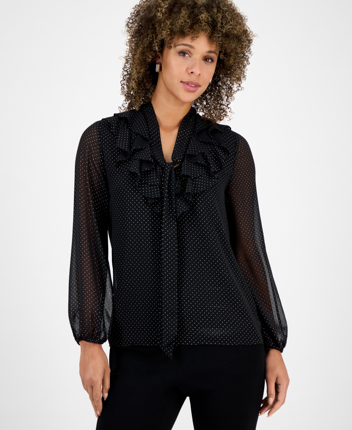 Click here for Kasper Womens Tie-Front Ruffled Blouse - Black/gol... prices