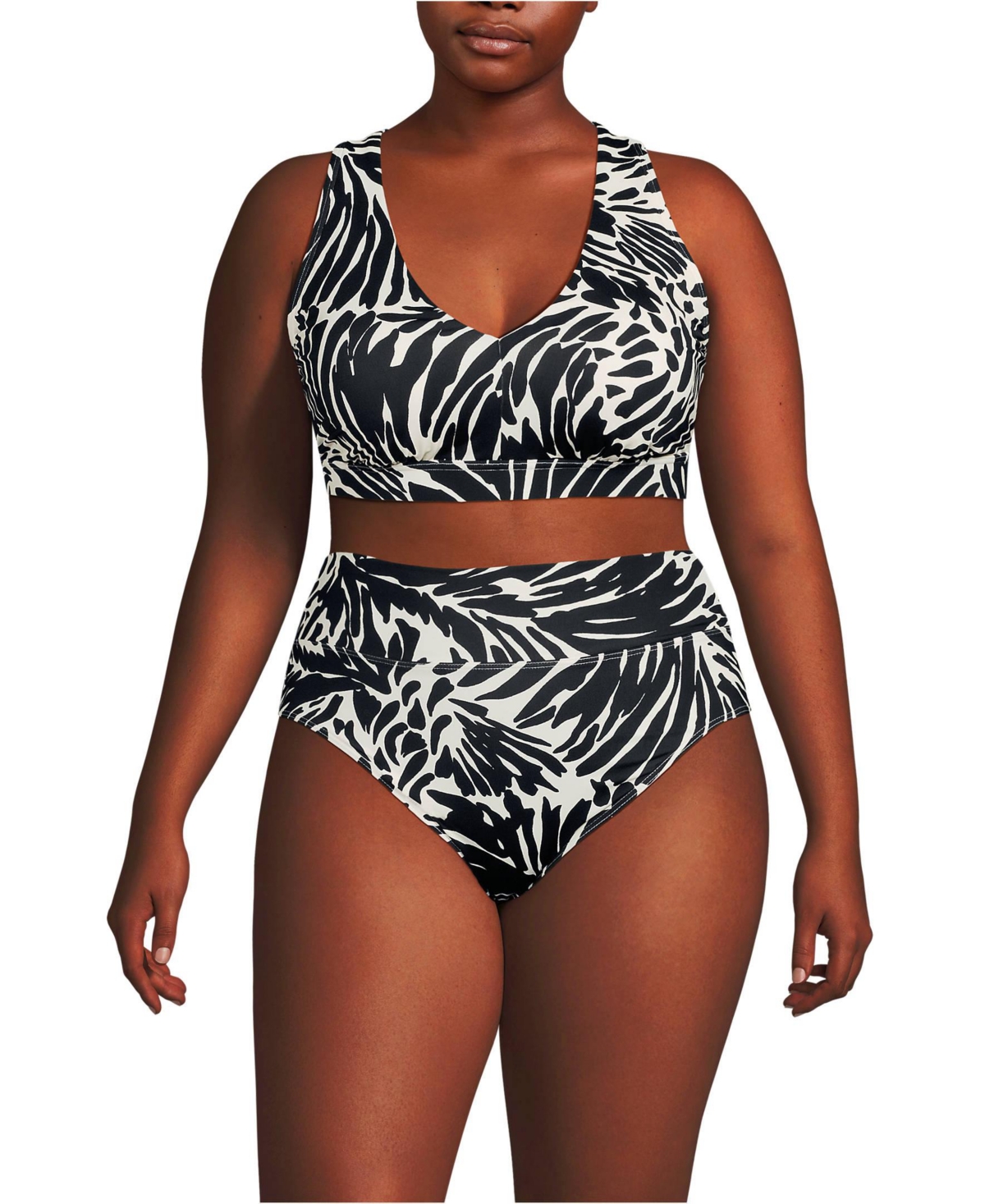 Lands End Plus Size V-Neck Bikini and High Waisted Bottom Swimsuit Set - Black/egret white leaf scroll