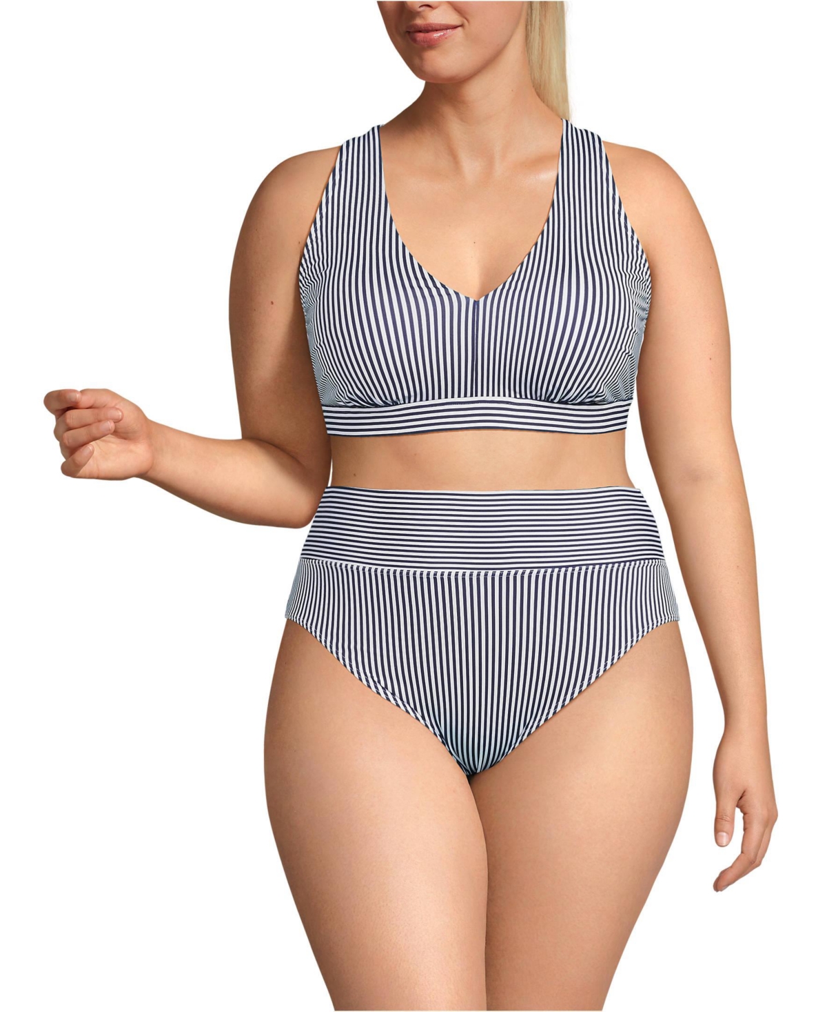 Lands End Plus Size V-Neck Bikini and High Waisted Bottom Swimsuit Set - Deep sea navy mini stripe