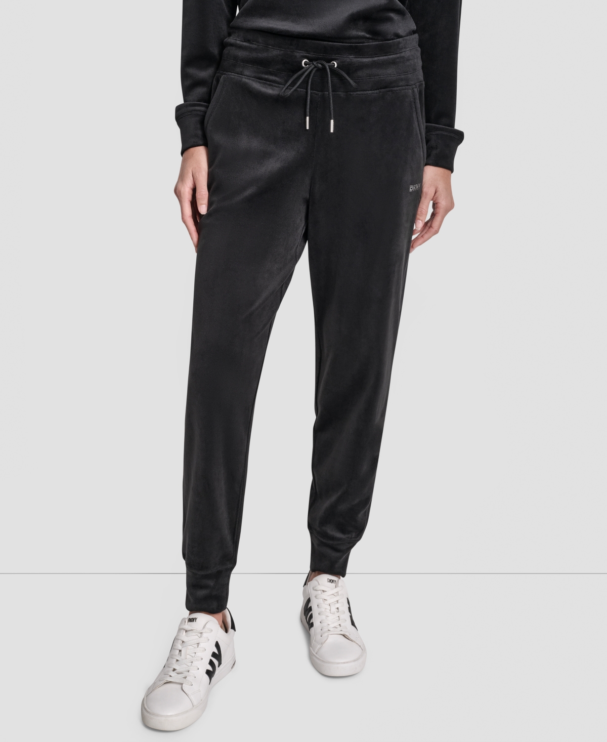 Click here for Dkny Womens Platinum Velour Rhinestone Logo Slim F... prices
