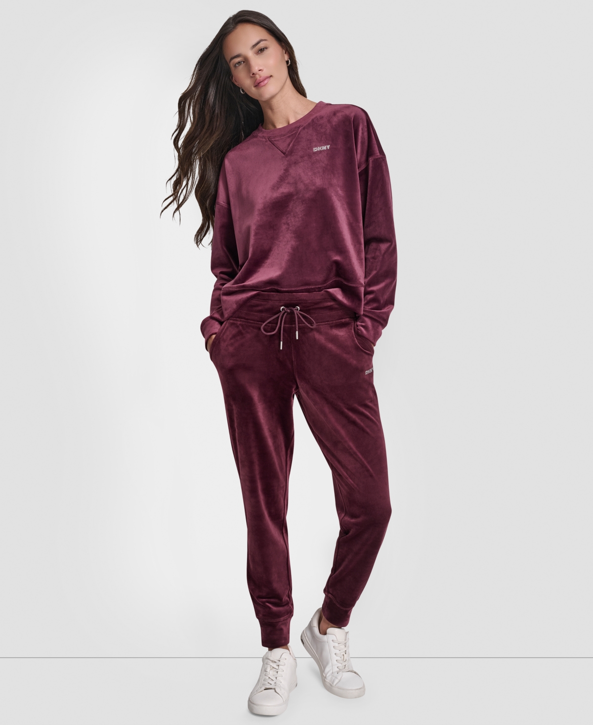 Click here for Dkny Womens Platinum Velour Rhinestone Logo Slim F... prices