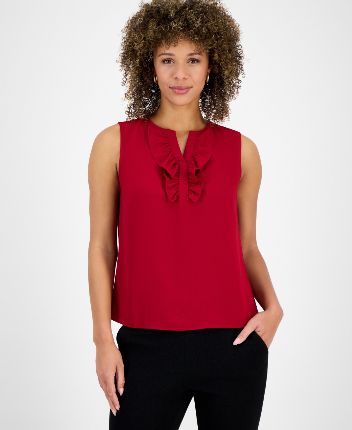 Click here for Kasper Womens Ruffle-Trim Split Neck Sleeveless To... prices