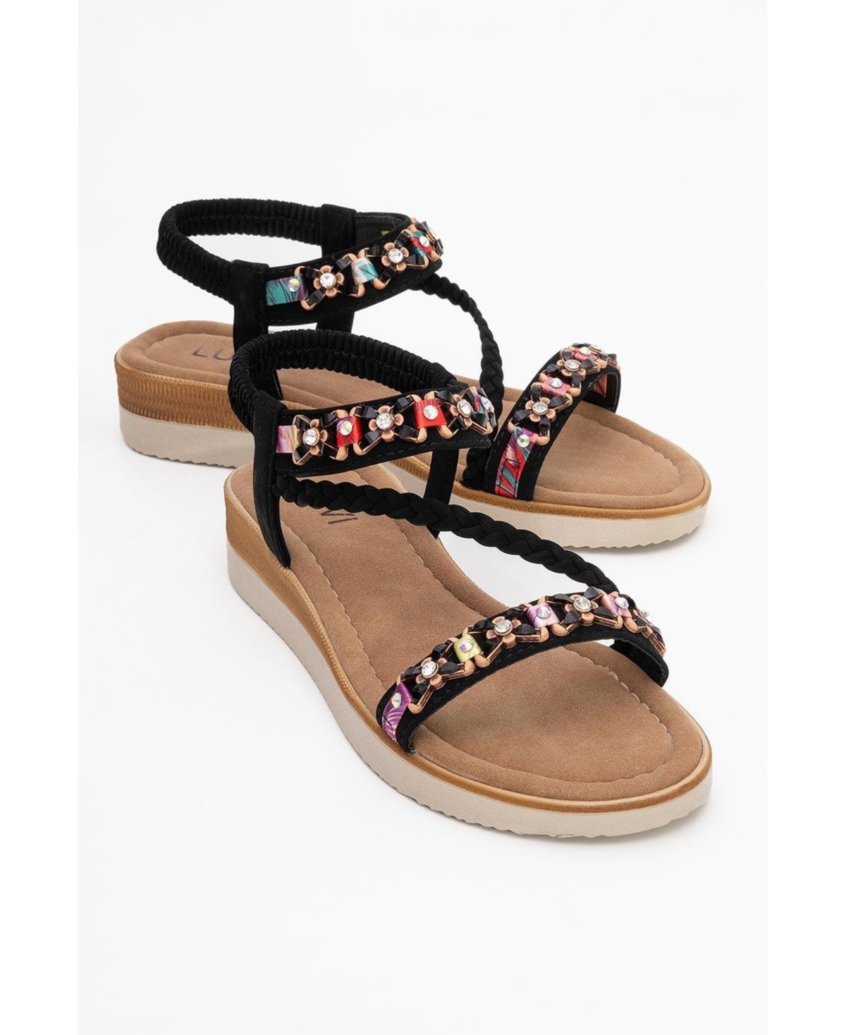 Click here for Yuan Braided Strap Sandal (Women) - Black faux lea... prices